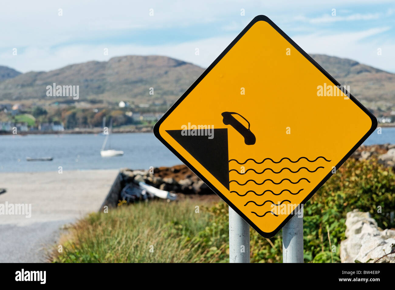 Warning sign for a jetty, Inis Ni, Connemara, County Galway, Connaught ...