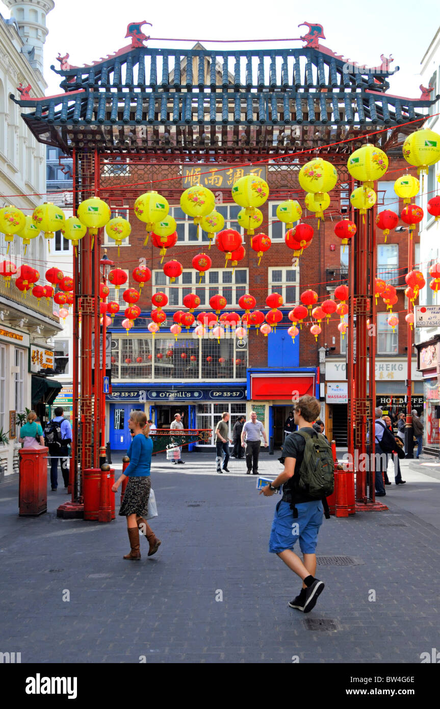 Chinese decorations & colourful lanterns around Chinatown gateway West End London tourism and ...