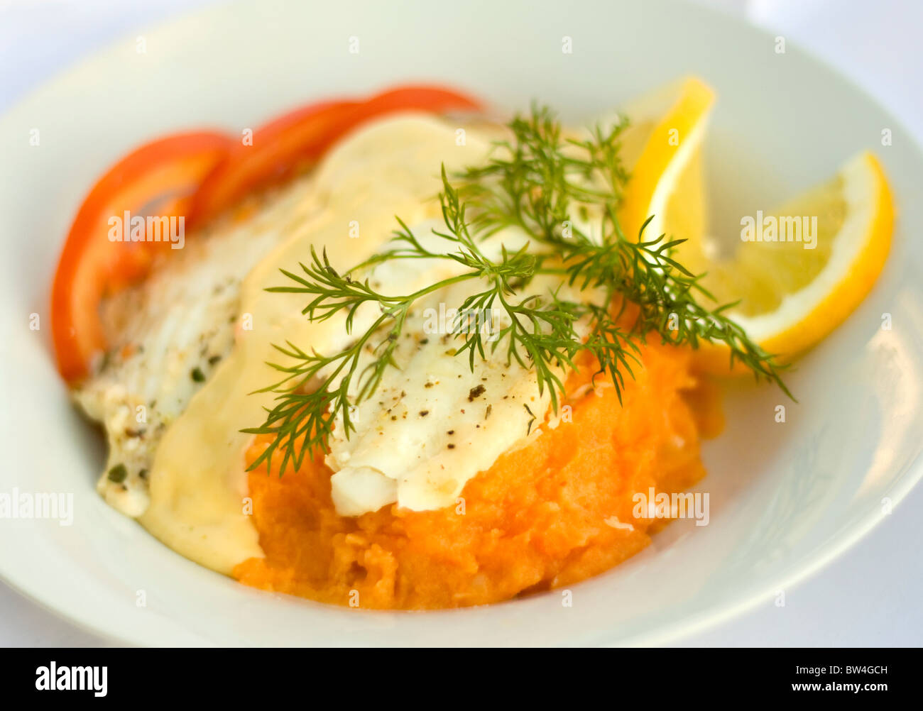 Baked plaice with vegetable puree and lemon cream sauce Stock Photo - Alamy