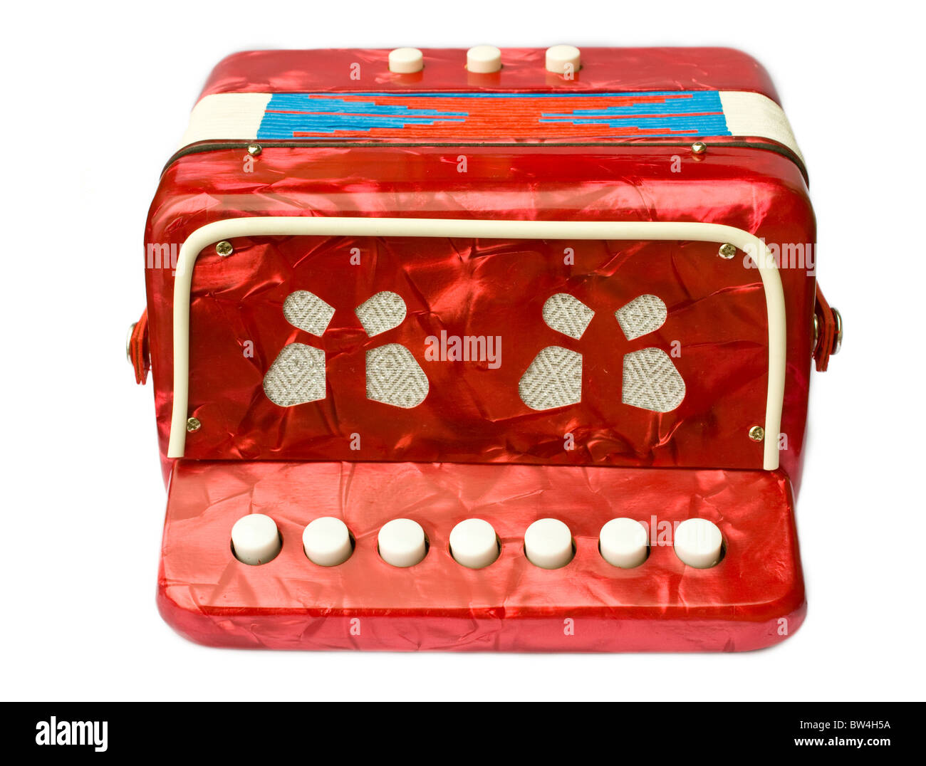 A small red children's accordion isolated on white background Stock ...