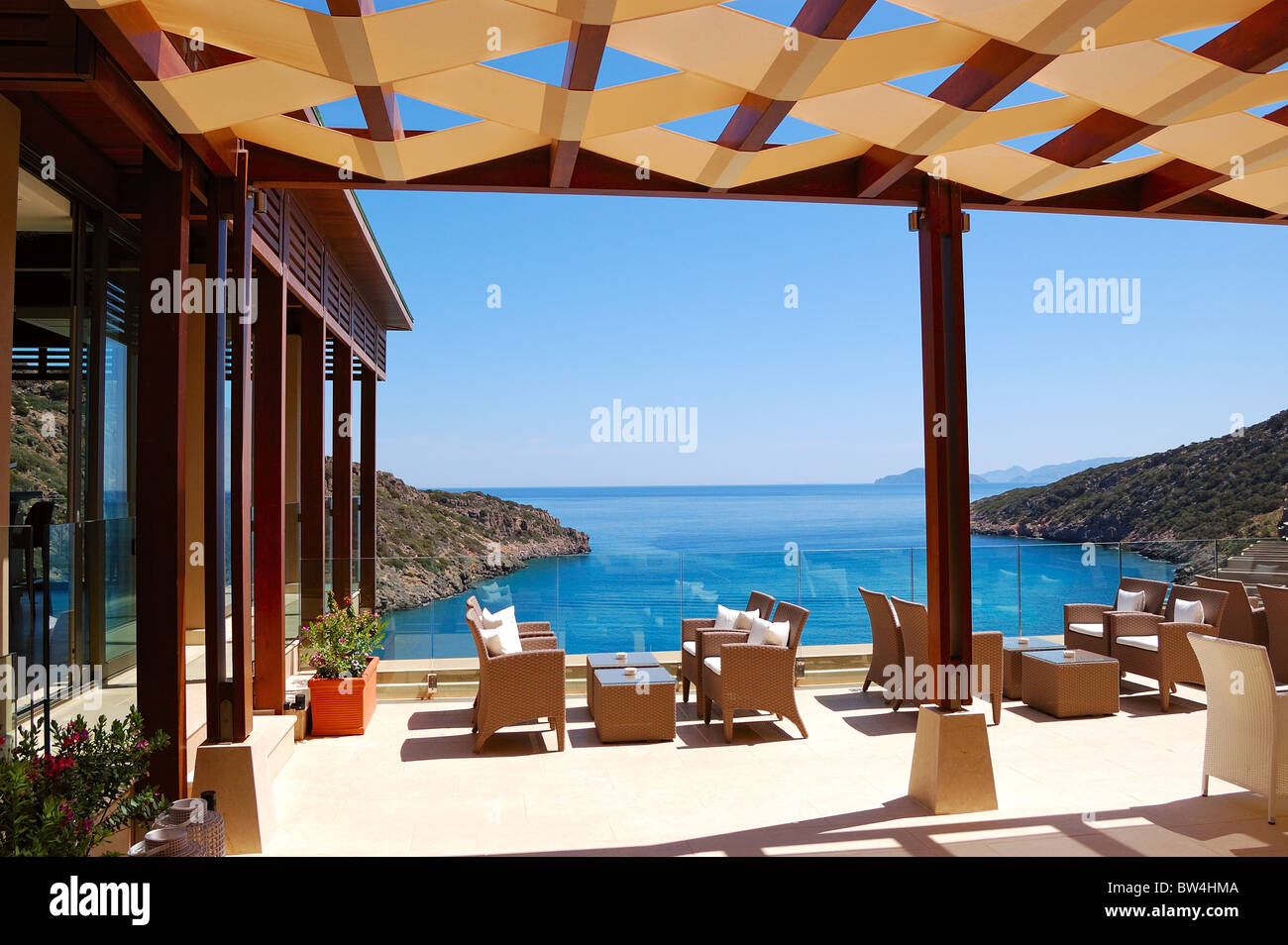 Sea view relaxation area of luxury hotel, Crete, Greece Stock Photo - Alamy