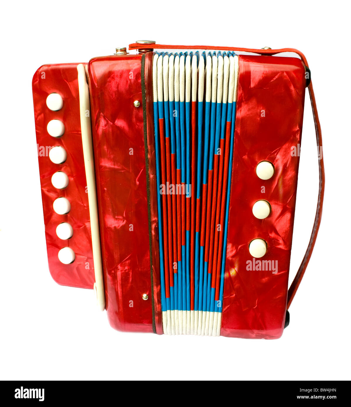 A small red children's accordion isolated on white background Stock ...