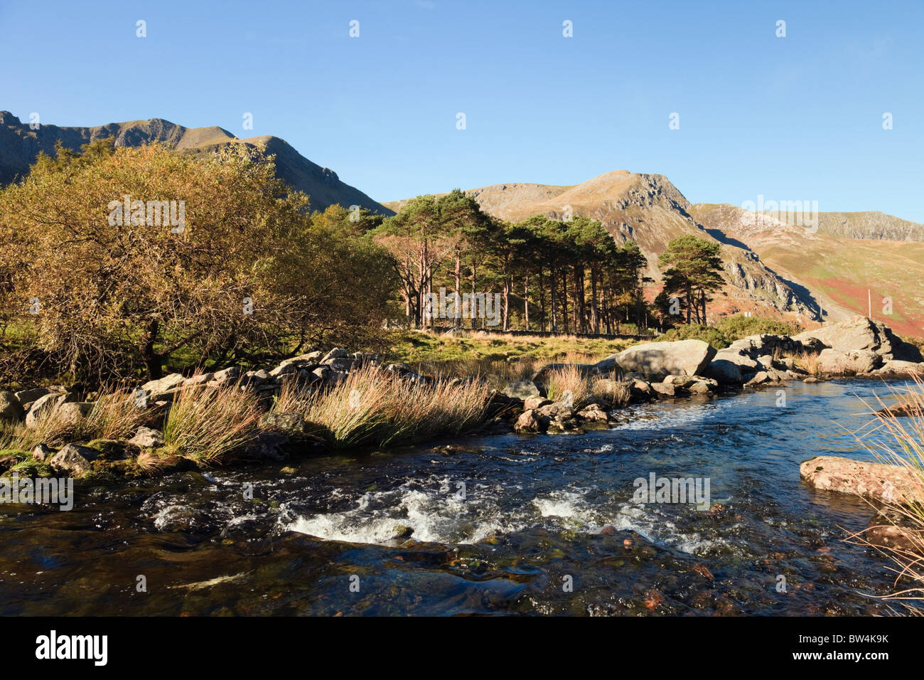 Ogwen, Gwynedd, North Wales, UK. View across Afon Ogwen River in the ...
