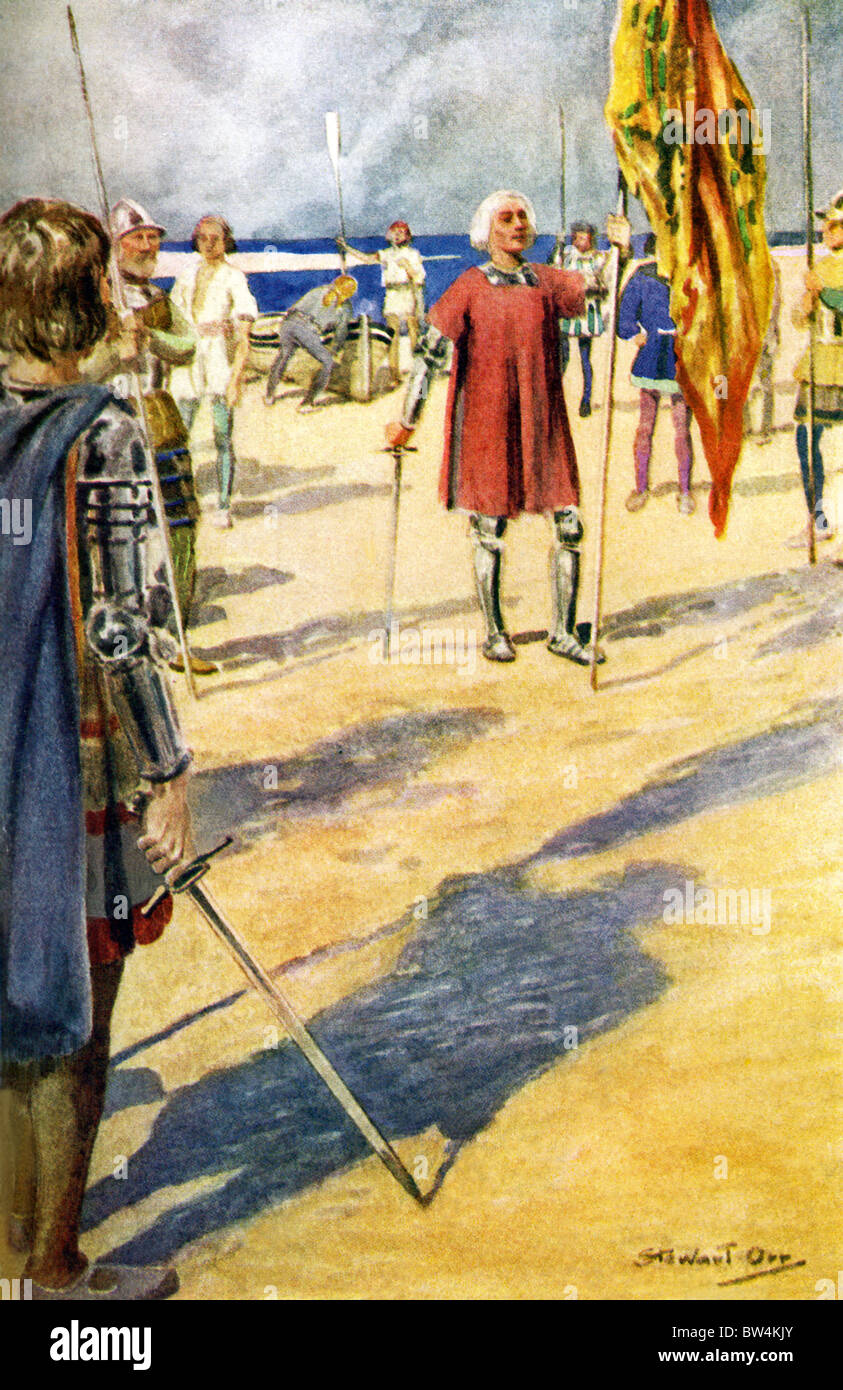 Columbus and his crew landing on the island that he called Hispaniola ...