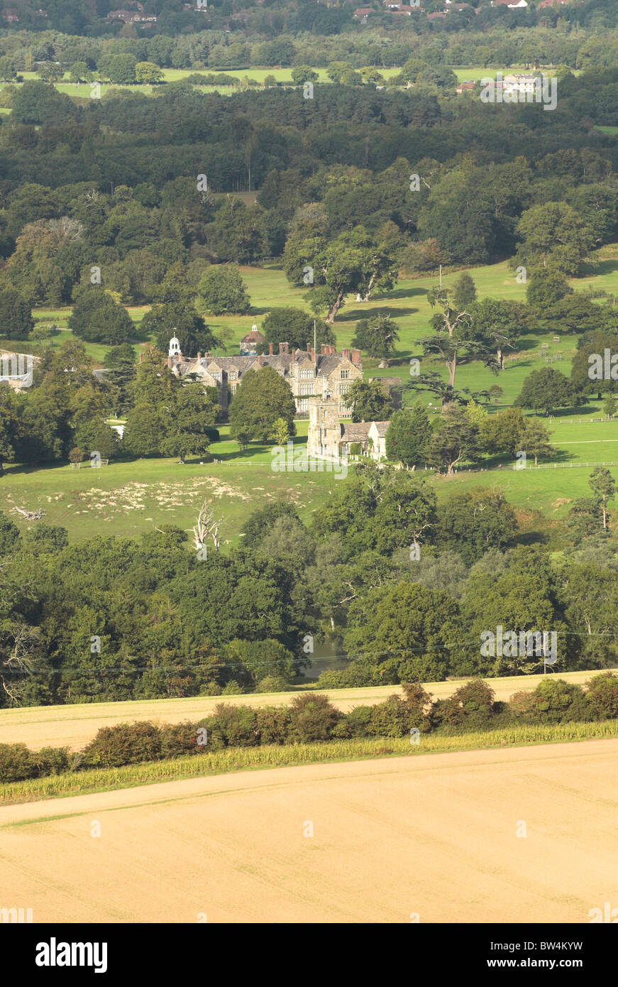 Parham House as seen from atop of the South Downs in West Sussex Stock ...