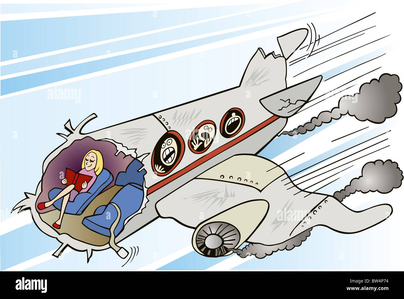 Illustration of cal girl reading book in falling plane Stock Photo - Alamy