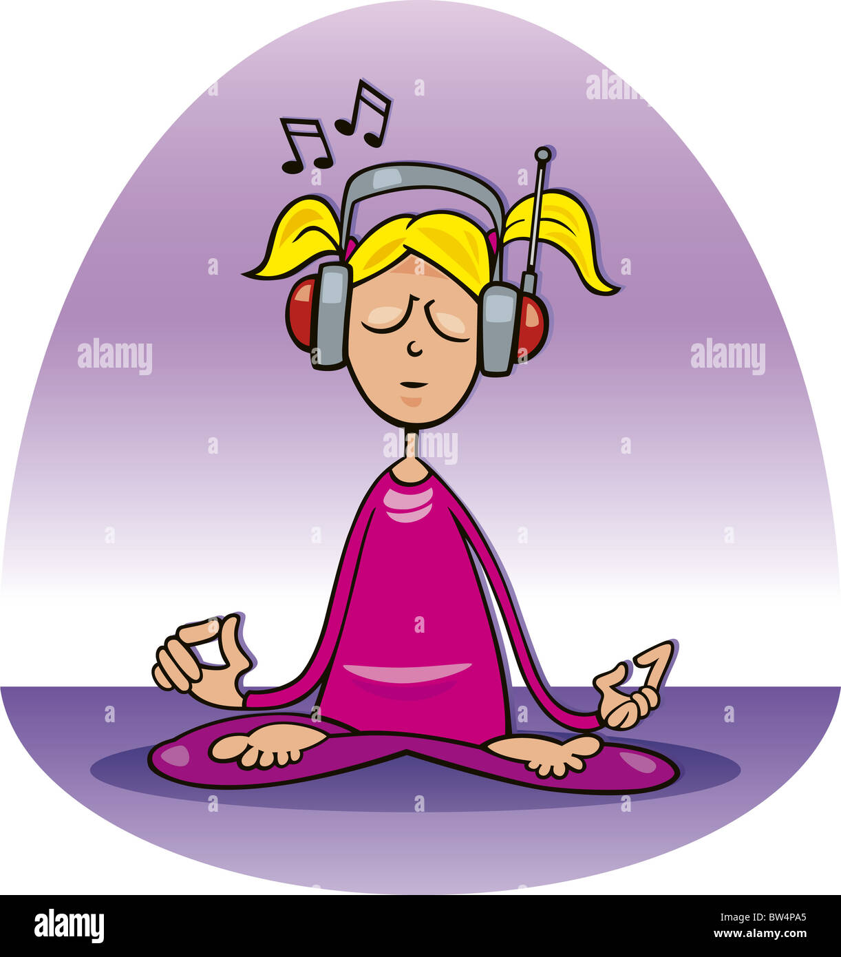 Cartoon illustration of girl listening to the music and meditating ...