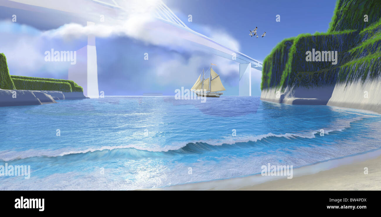 A ship sails under a modern bridge Stock Photo - Alamy