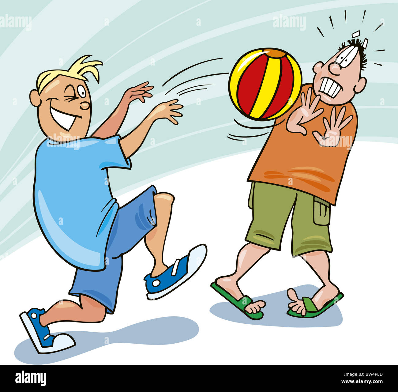 Cartoon illustration of two boys playing ball Stock Photo - Alamy