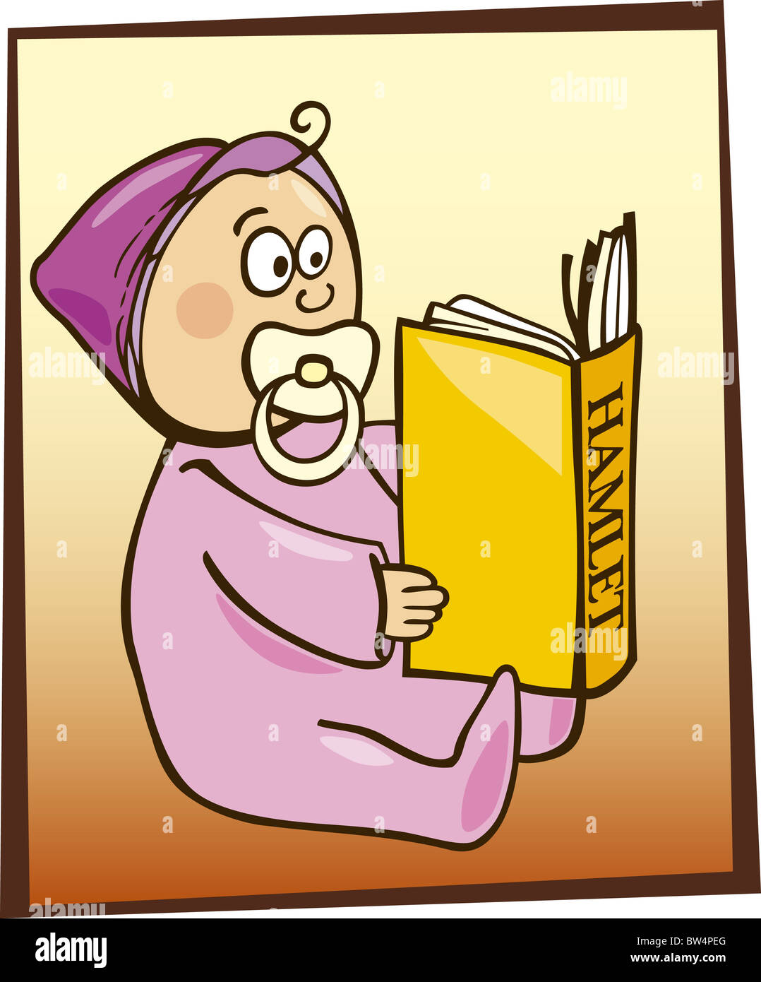 Cartoon illustration of baby reading Hamlet Stock Photo - Alamy
