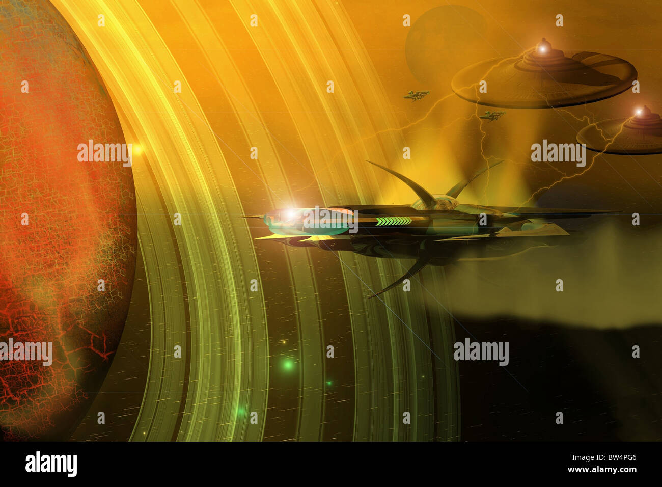 Space battle with two rival factions near a planetary body Stock Photo ...