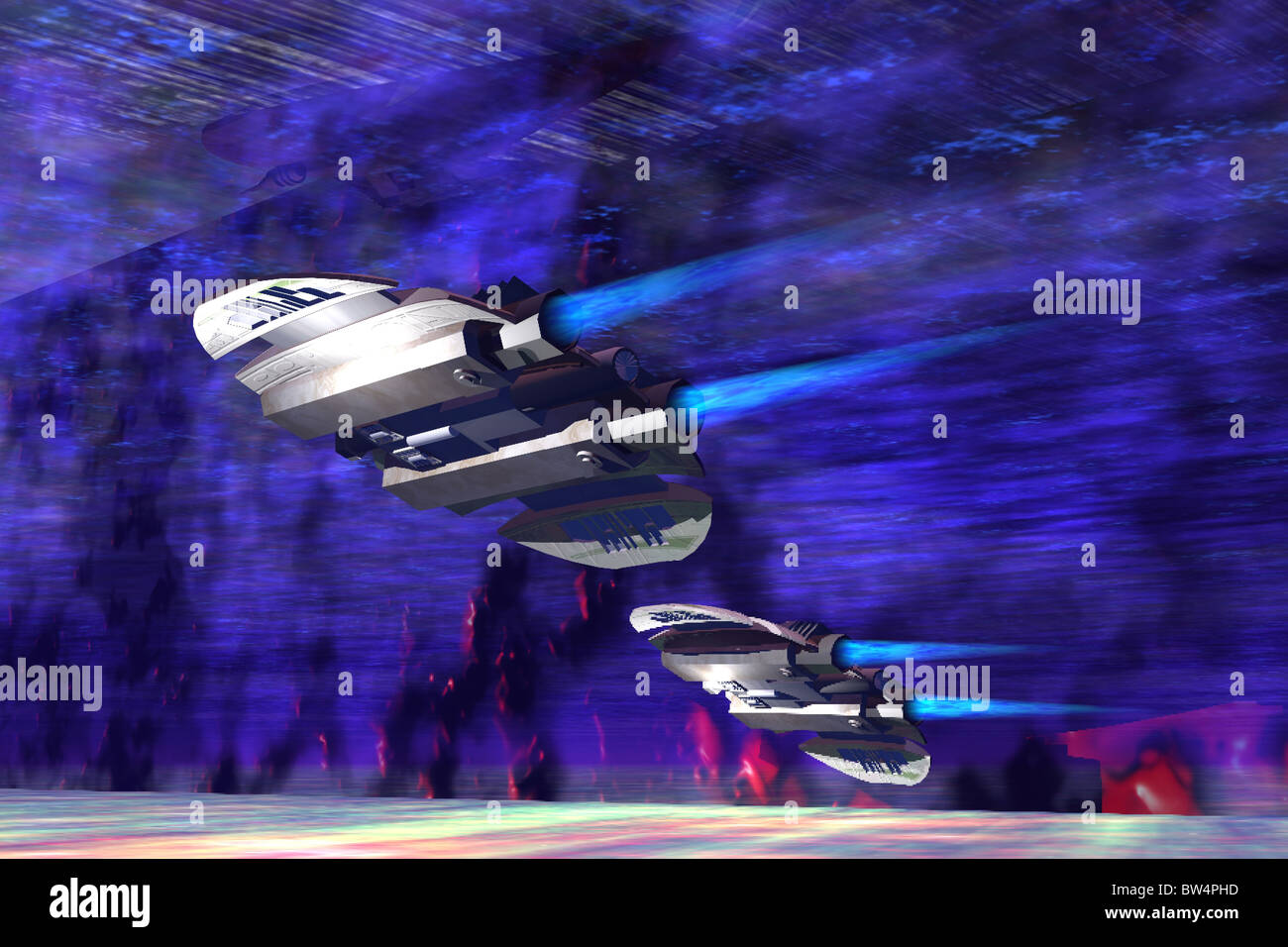 Two spaceships speed along a nebular expanse Stock Photo - Alamy