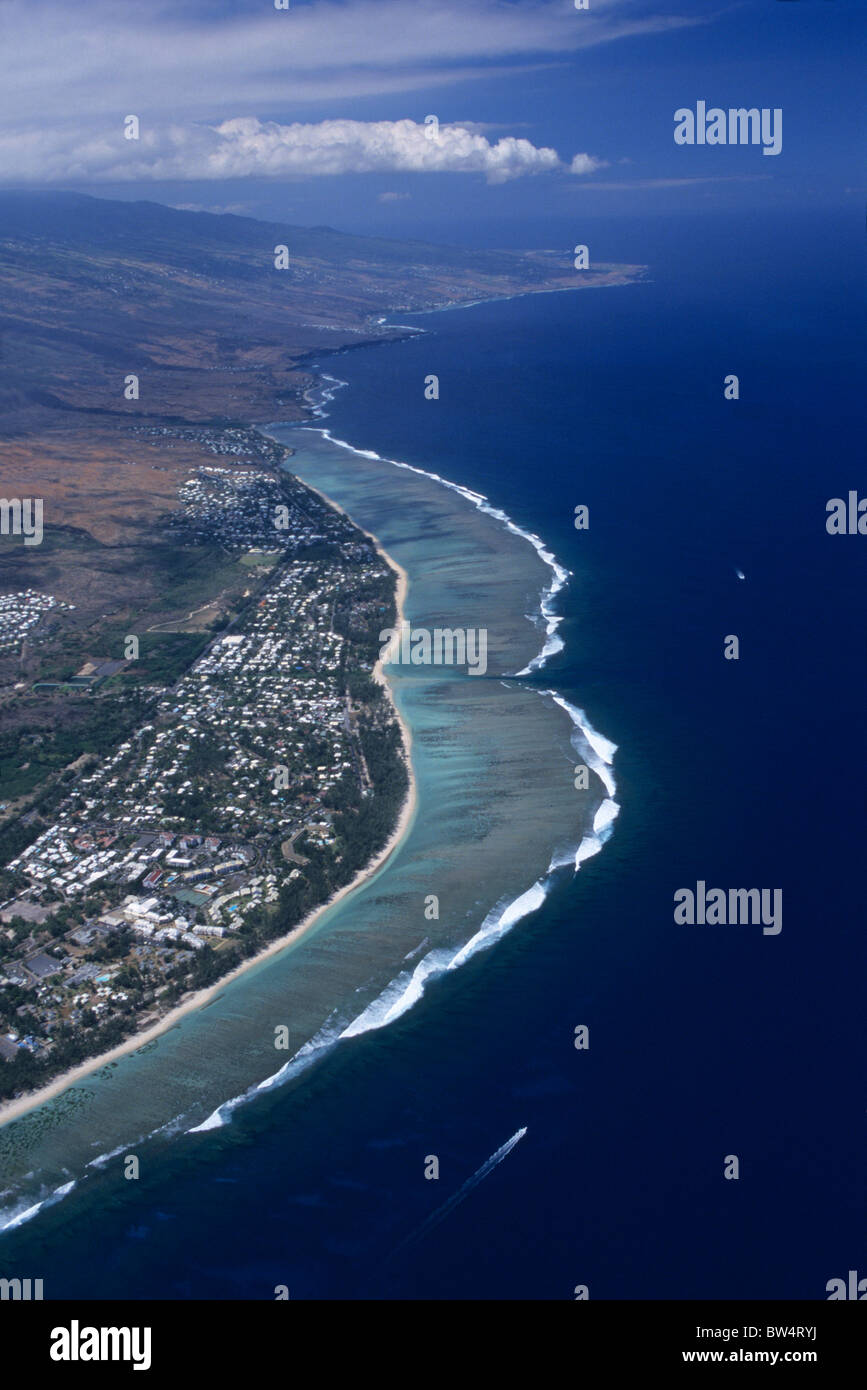 Aerial of lagoon west coast near L'Hermitage les Bains (down) and ...