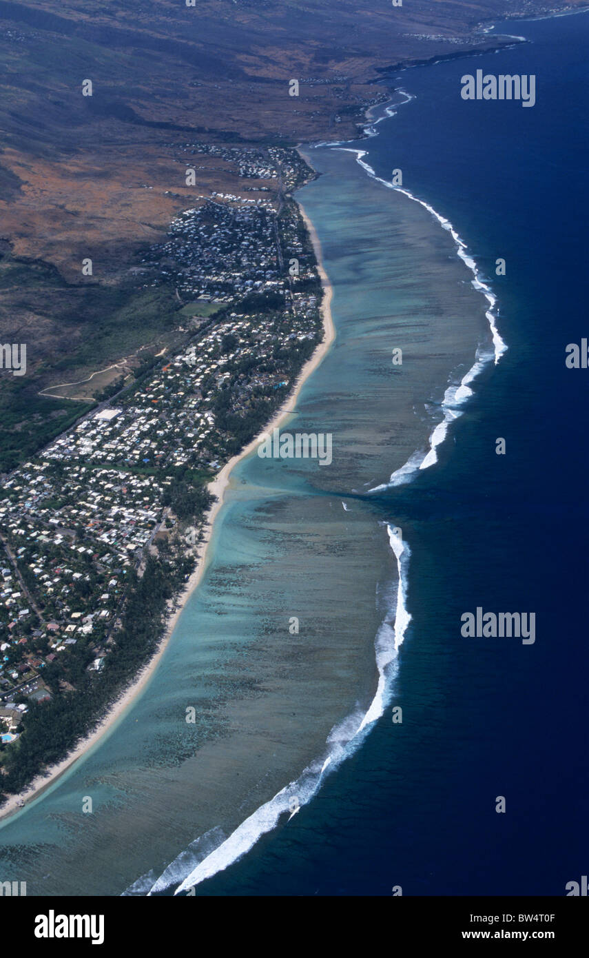 Aerial of lagoon west coast near L'Hermitage les Bains (down) and ...