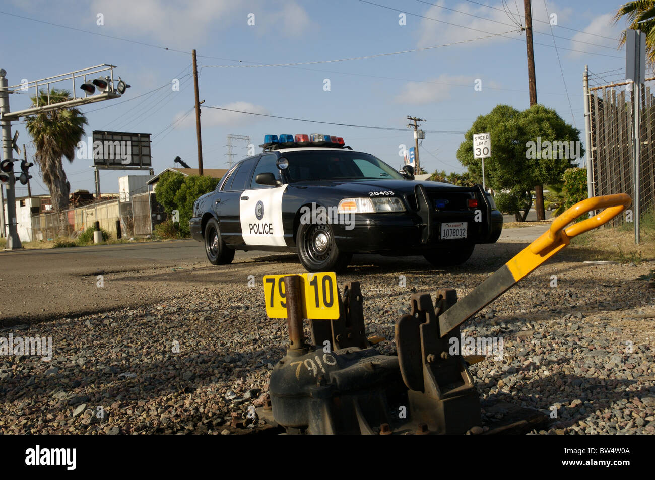 A railroad police vehicle is parked near a rail switch Stock Photo - Alamy