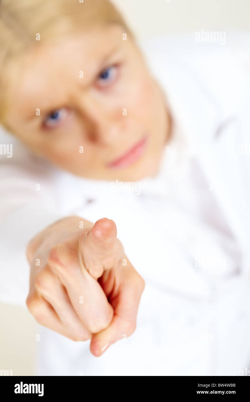 Above view of female forefinger pointing at camera Stock Photo - Alamy