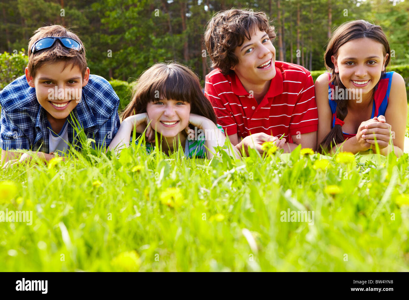 Photo of several happy friends lying on green lawn outdoors Stock Photo ...