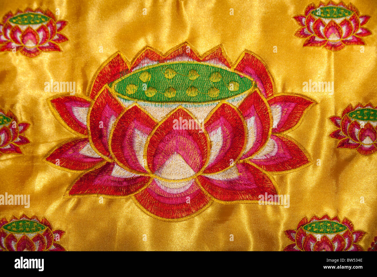 Colourful Chinese embroidered silk prayer stool, of lotus flower ...