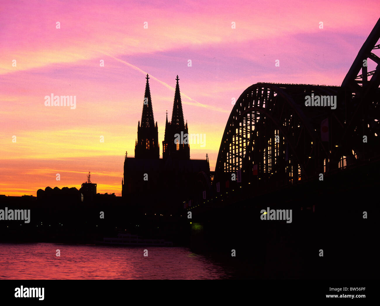 Cathedral, Rhine River & Bridge, Dusk Stock Photo - Alamy