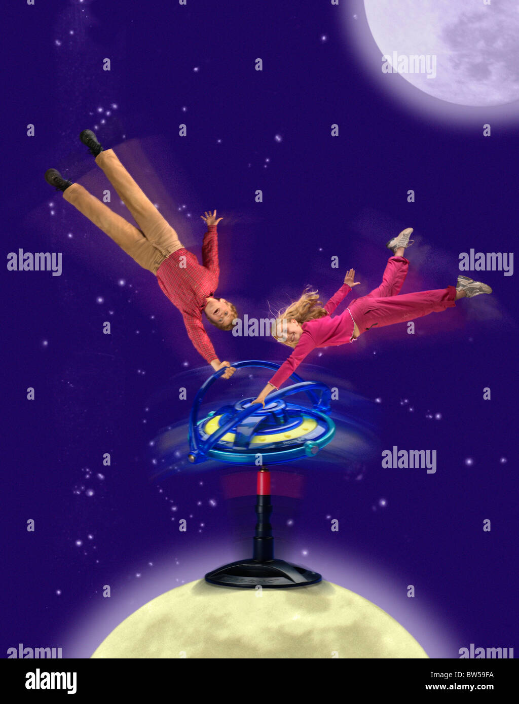Girl and boy spinning, hanging onto a gyroscope. Starry sky background ...