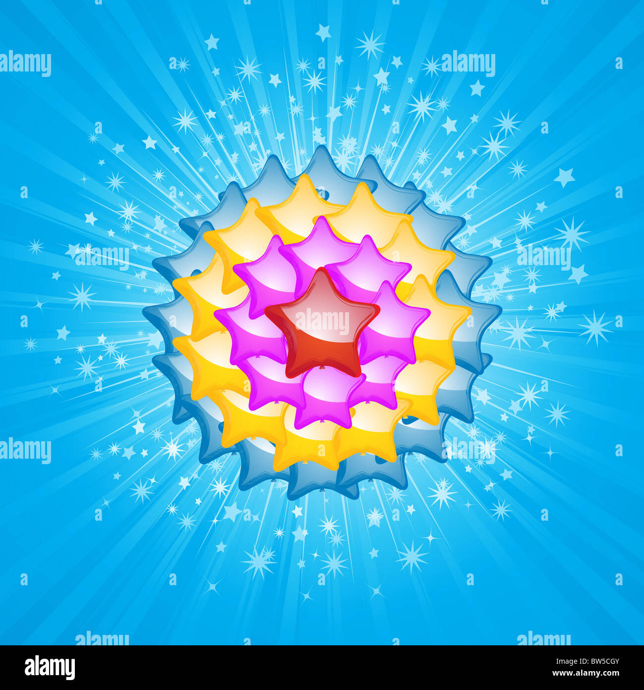 colourful star shaped balloons on a blue starburst background Stock ...