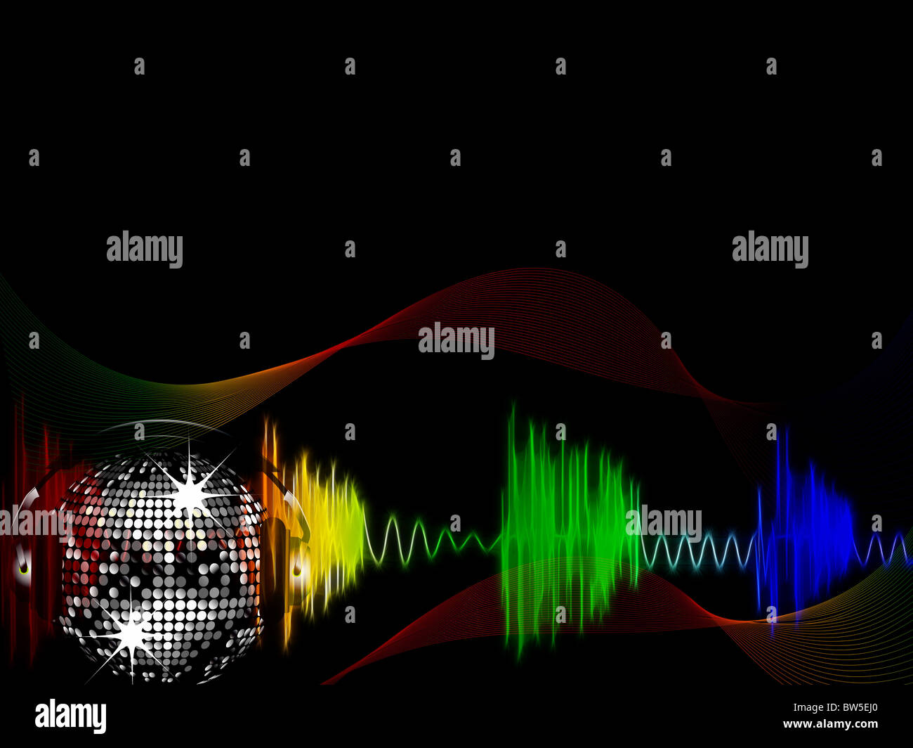 Sparkling silver disco balls and headphones on neon sound waves Stock ...
