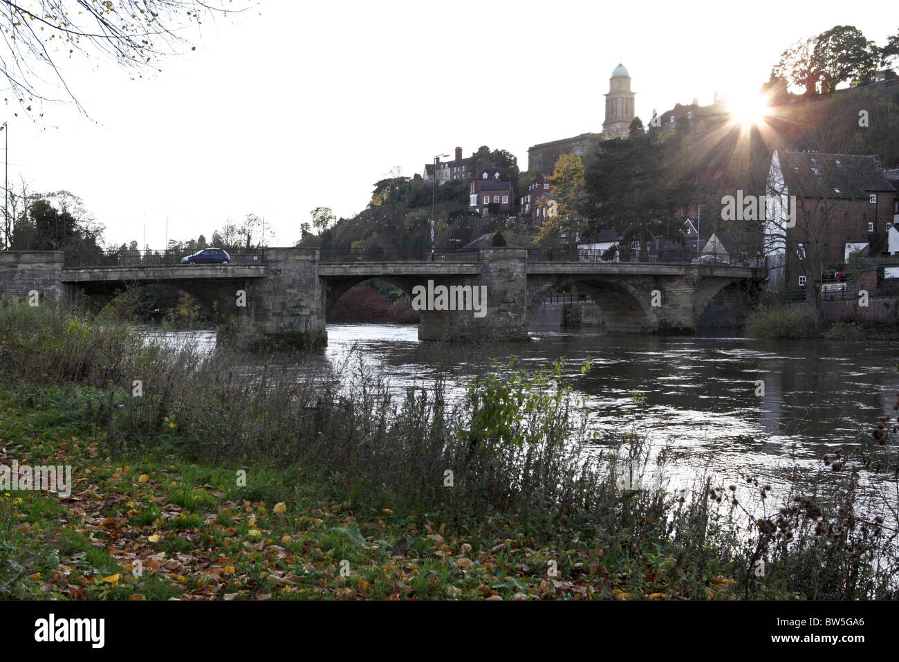 Autumnal scene of Bridgnorth Bridge in Low Town,the tower of Thomas ...