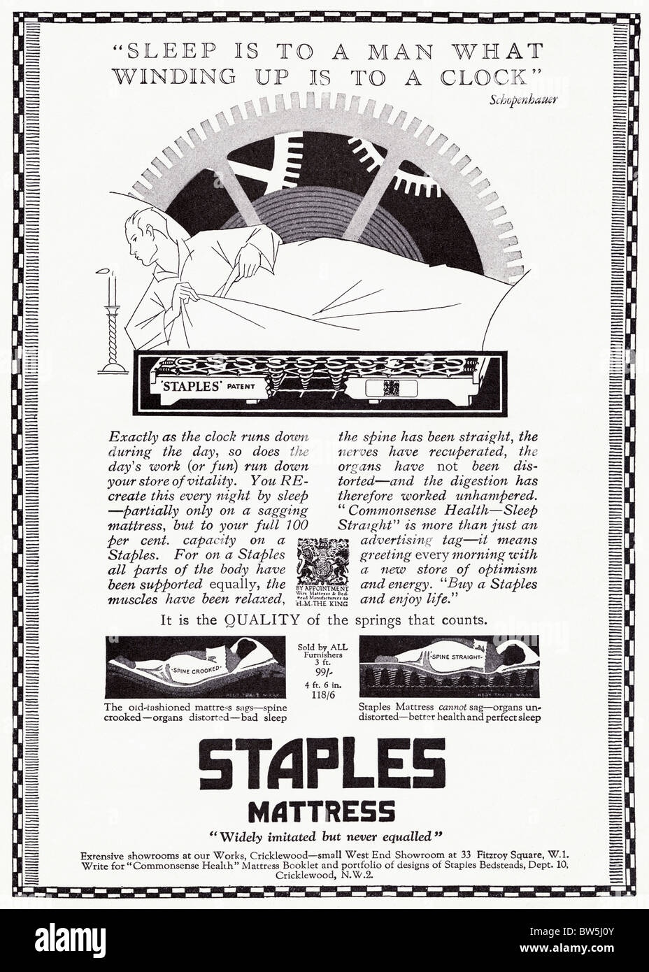 Full page advertisement for Staples mattress in magazine dated 1928 ...