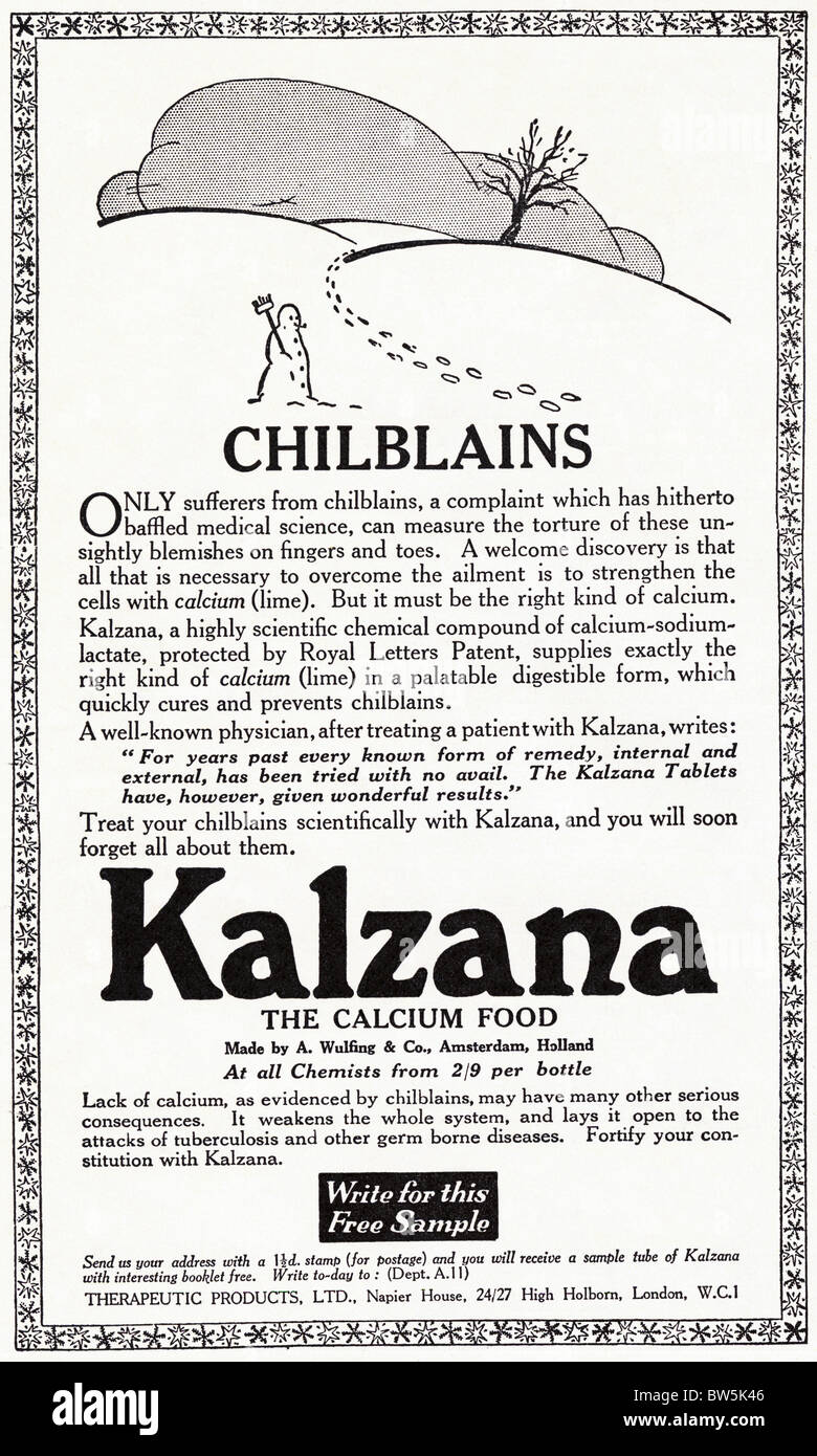 Advertisement for Kalzana calcium food for chilblains in magazine dated ...