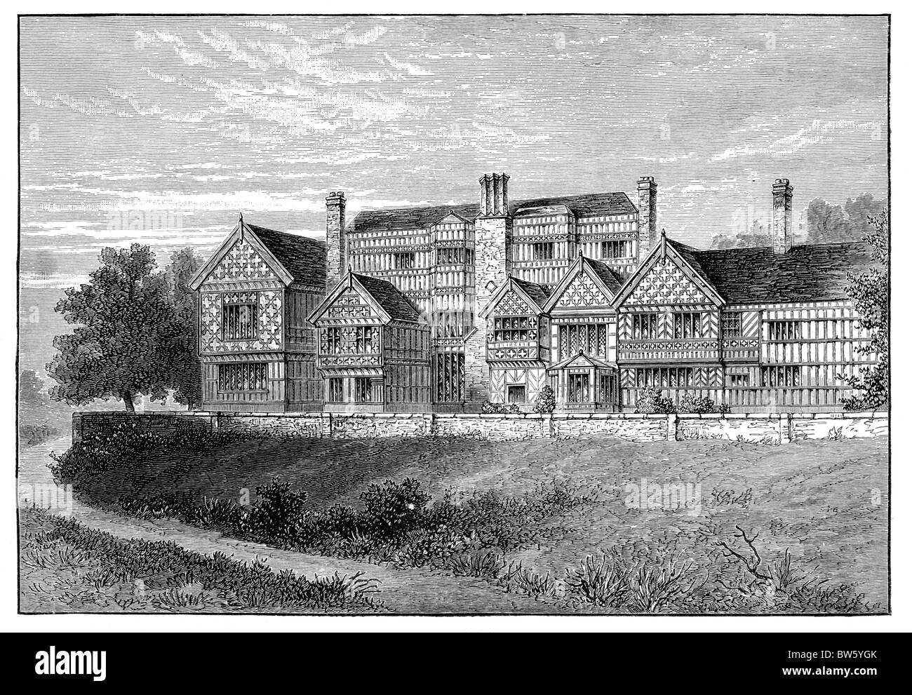 Bramhall House, Cheshire in the 19th century; Black and White ...