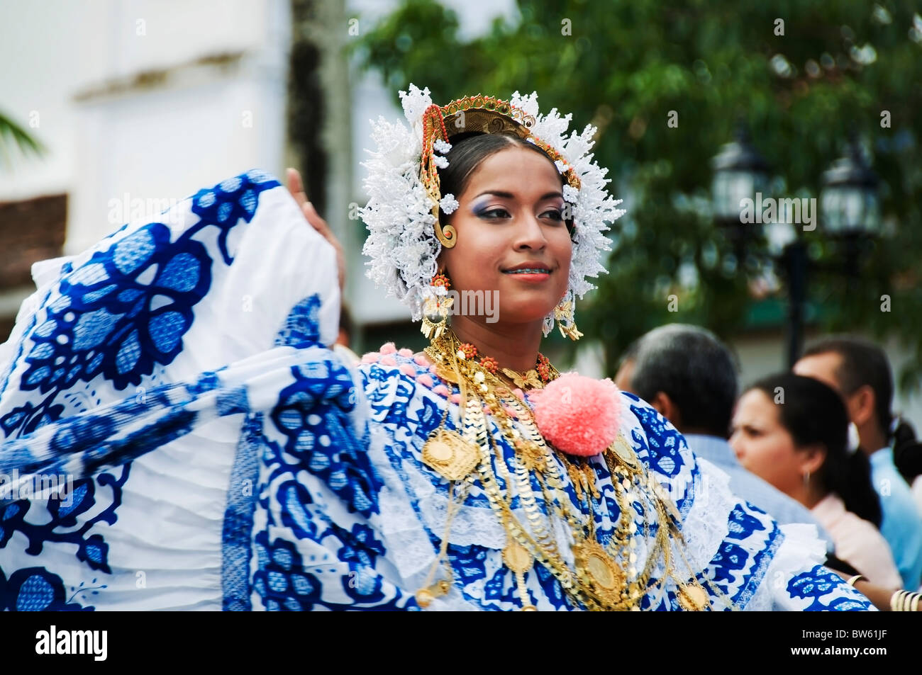 A beautiful young woman wearing a pollera dances in a parade in Pedasi ...