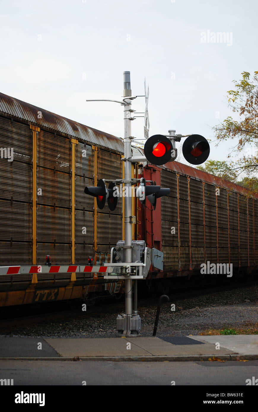 Train passes through vehicle intersection Stock Photo - Alamy