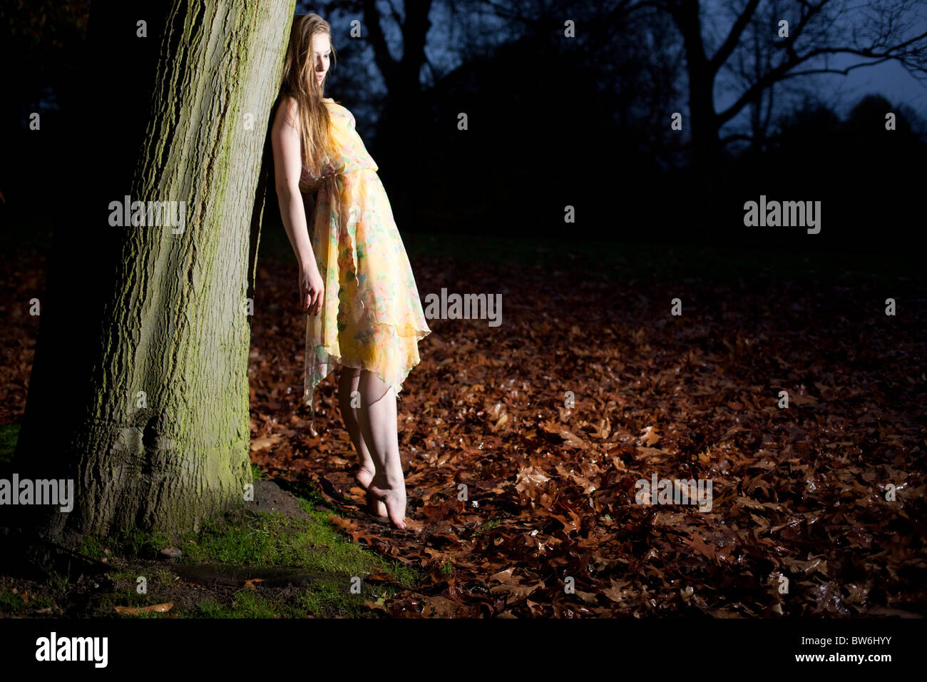 Portrait of a woman wearing a dress and leaning on a tree in an autumn ...