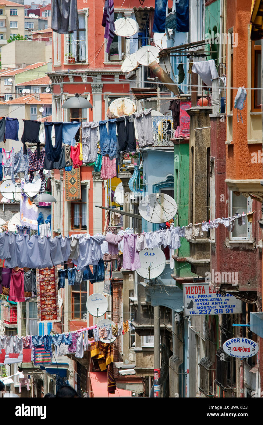 Clotheslines hanging from roofs, slums,Tarlabasi,Beyoglu, Istanbul ...
