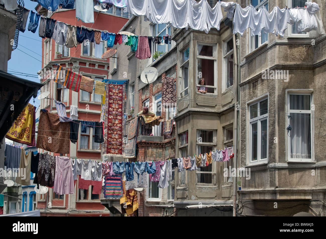 Clotheslines hanging from roofs, slums,Tarlabasi,Beyoglu, Istanbul ...