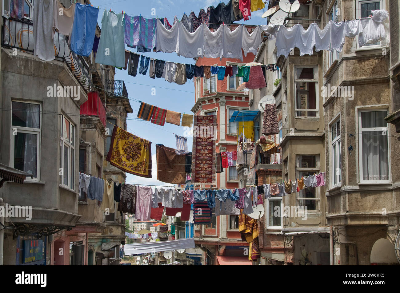 Clotheslines hanging from roofs, slums,Tarlabasi,Beyoglu, Istanbul ...