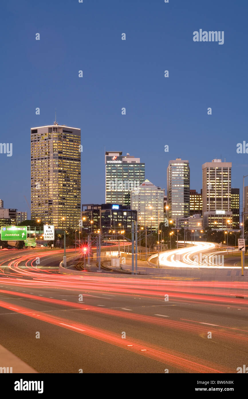 Light trails on the Mitchell freeway with Perth skyline, Western ...