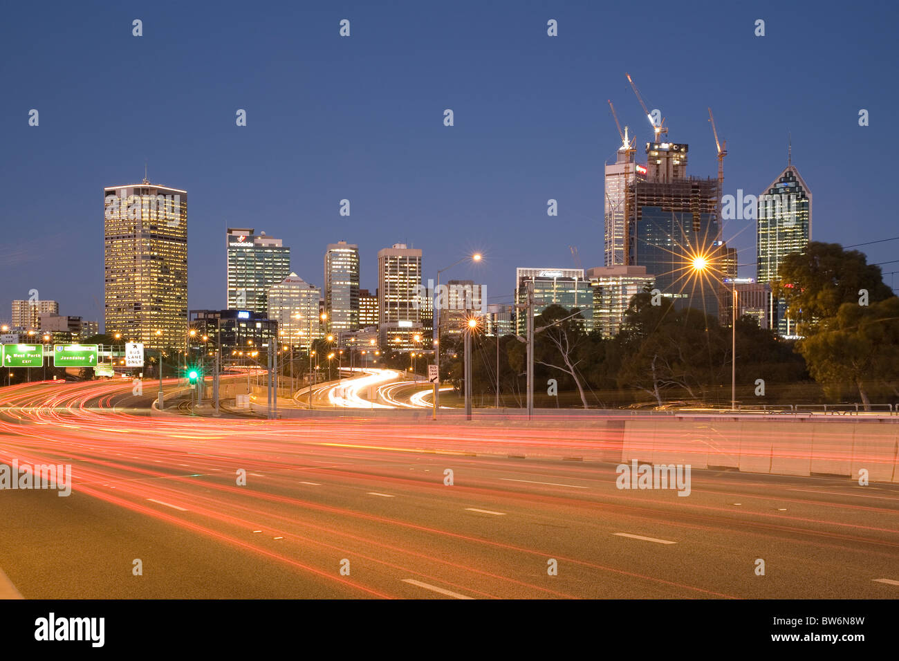 Light trails on the Mitchell freeway with Perth skyline, Western ...