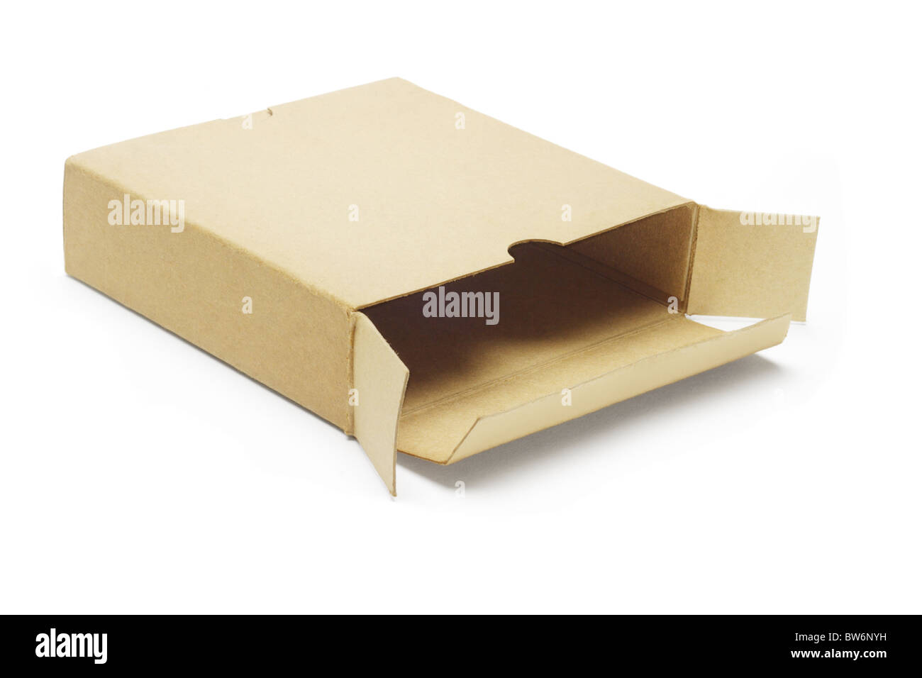 Open empty paper box lying on white background Stock Photo - Alamy