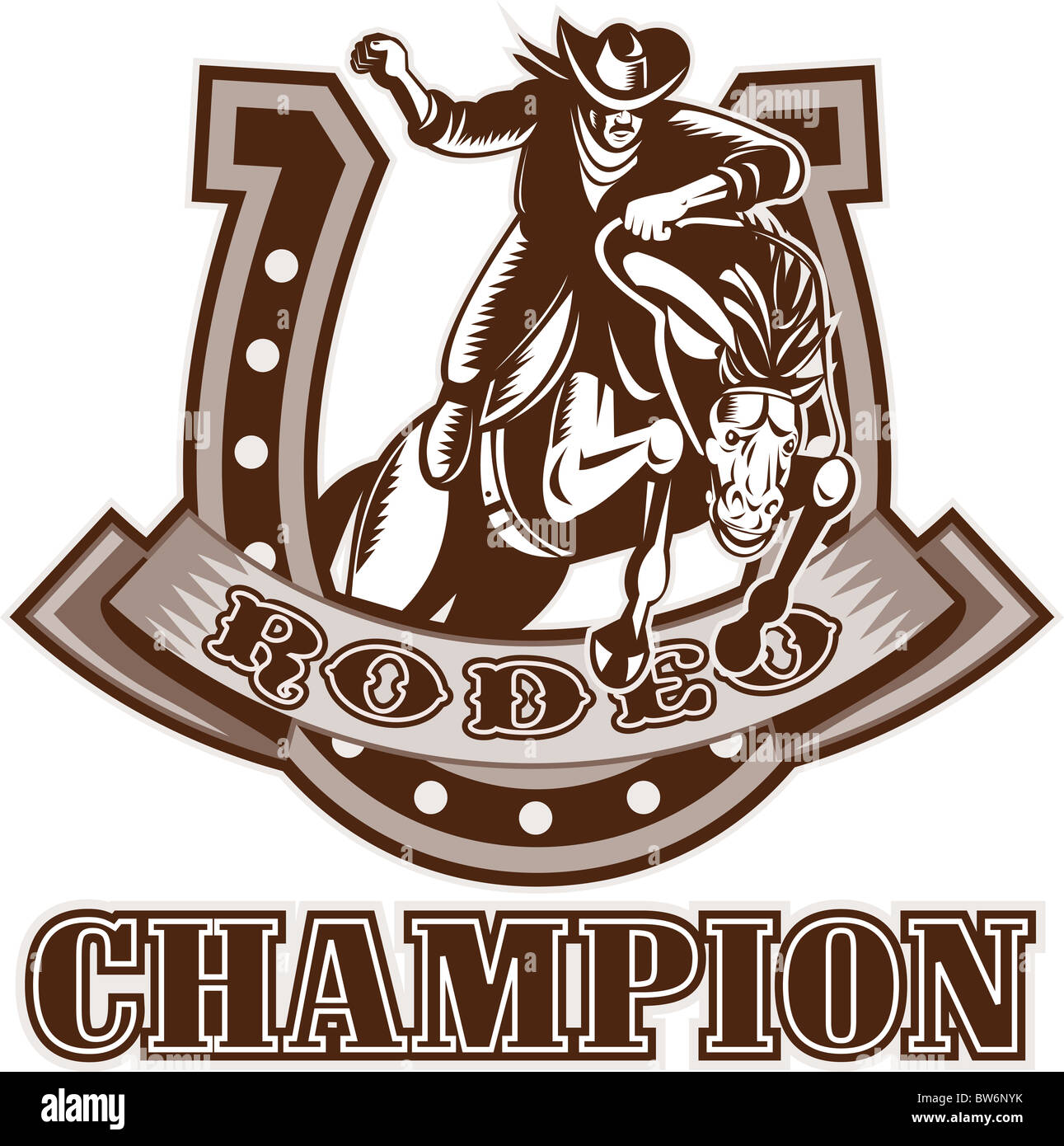 retro woodcut style illustration of an American Rodeo Cowboy riding a ...