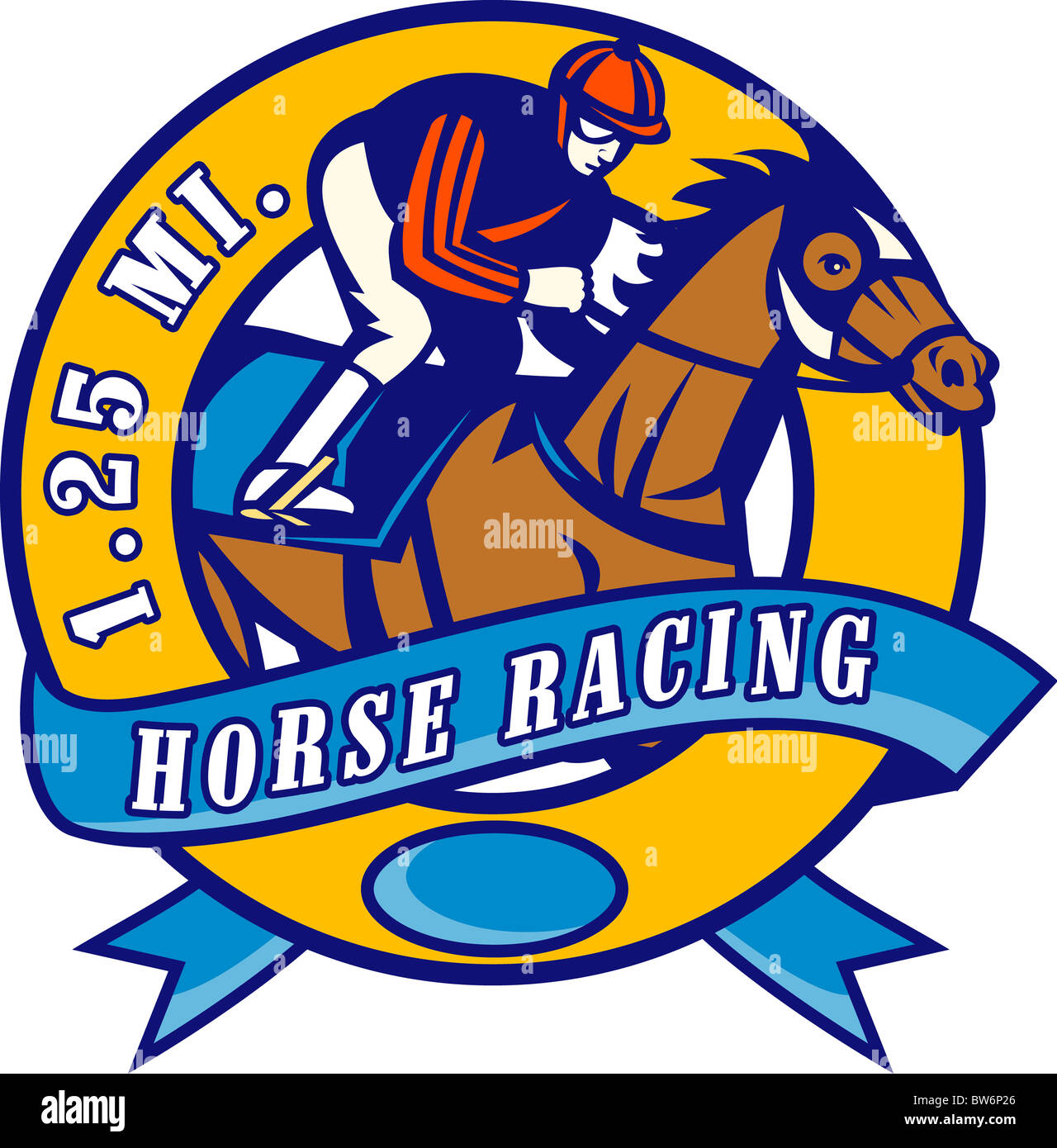 illustration of a horse and jockey racing set inside circle with scroll ...