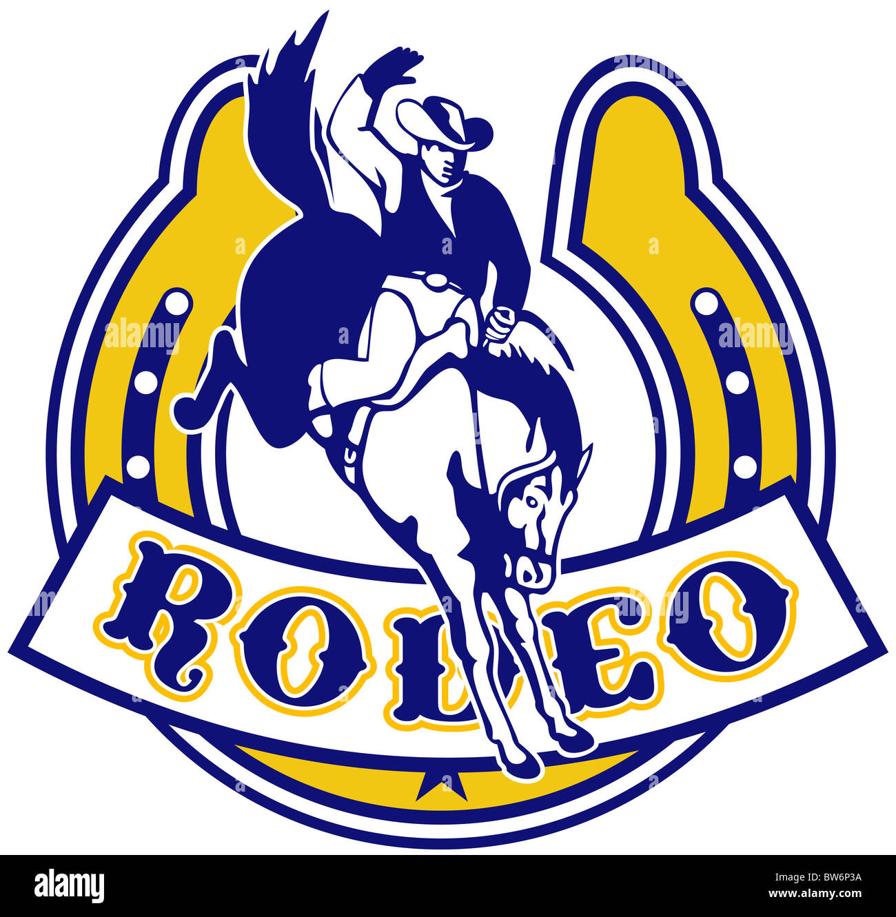 retro style illustration of a Rodeo Cowboy riding a jumping bronco ...