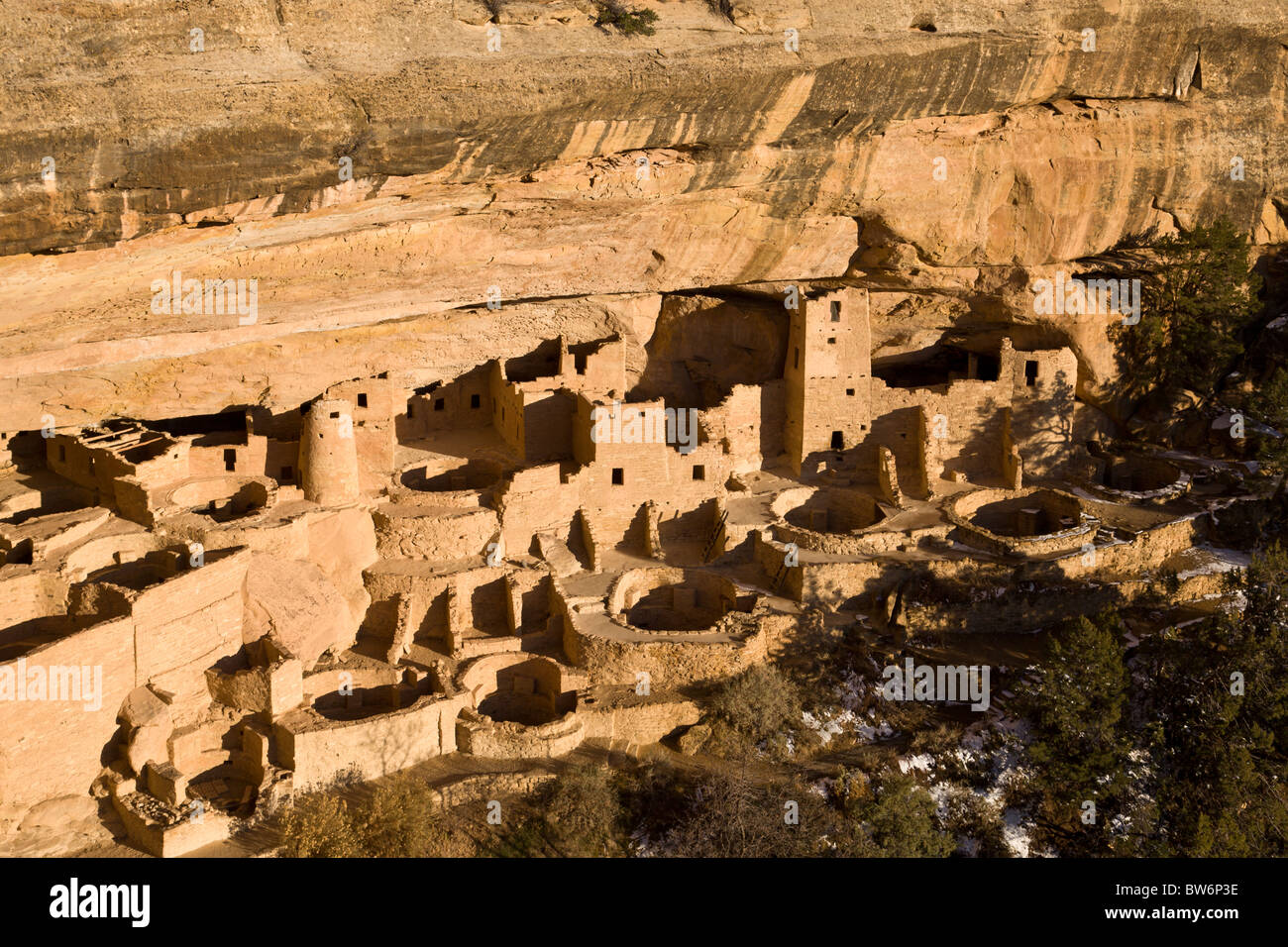 View of Cliff Palace cliff dwellings during winter in Mesa Verde ...