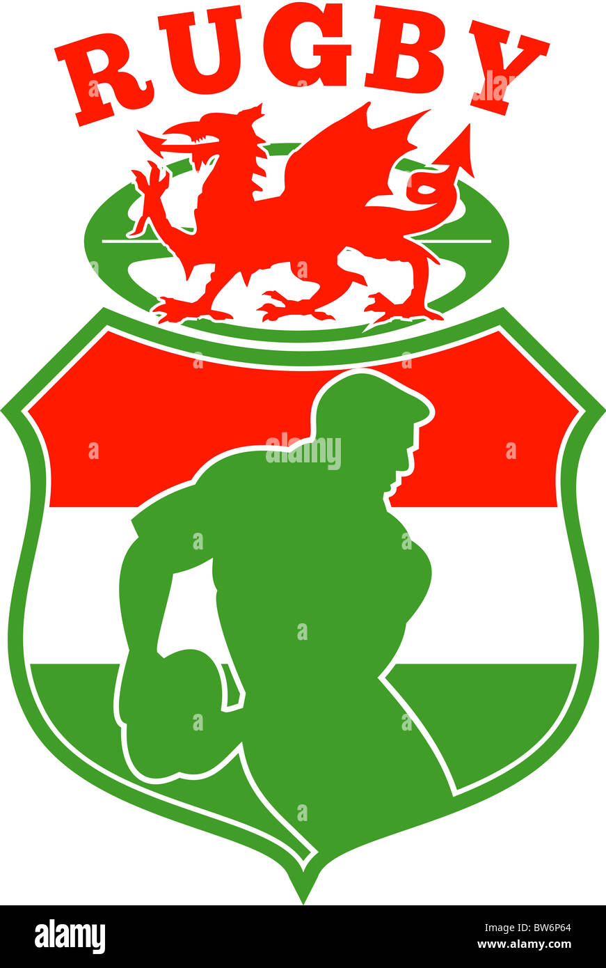 illustration of a Welsh Rugby player silhouette running passing ball ...