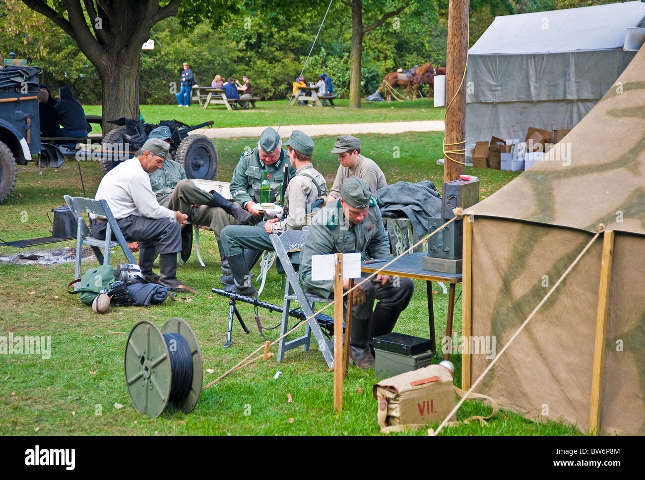 World war two acting show German army soldiers resting sitting tent ...