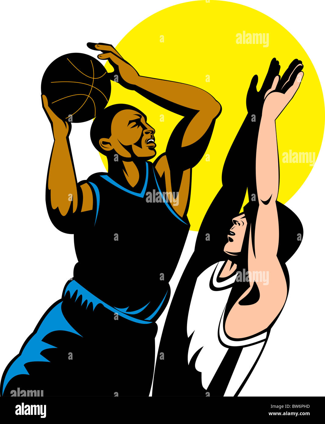 Illustration of two basketball players with a yellow circle on a white ...