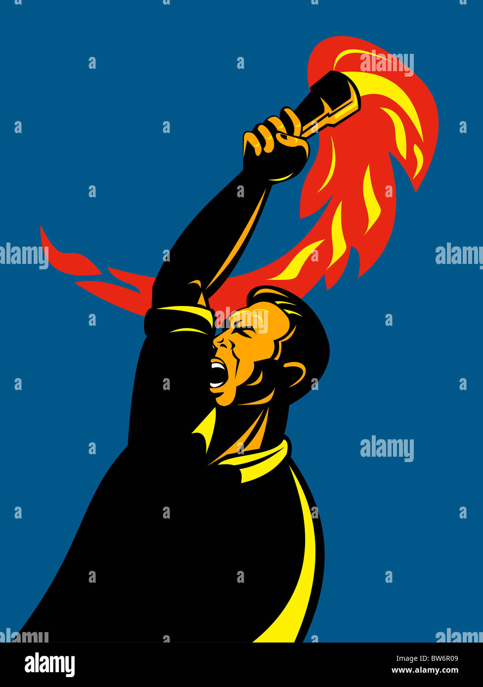 Illustration of worker with torch in revolt isolated on blue background ...