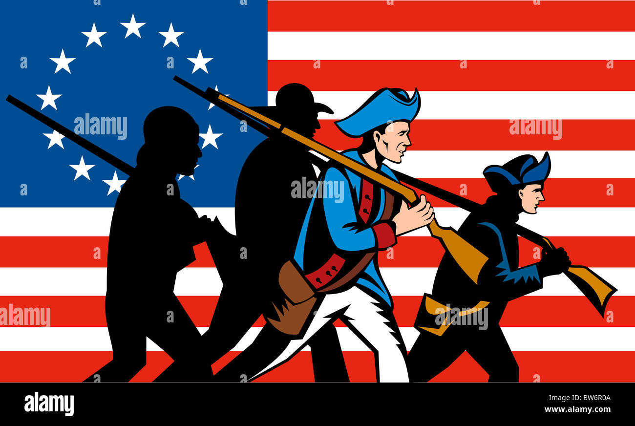 Illustration of American Revolutionary soldiers marching side view ...
