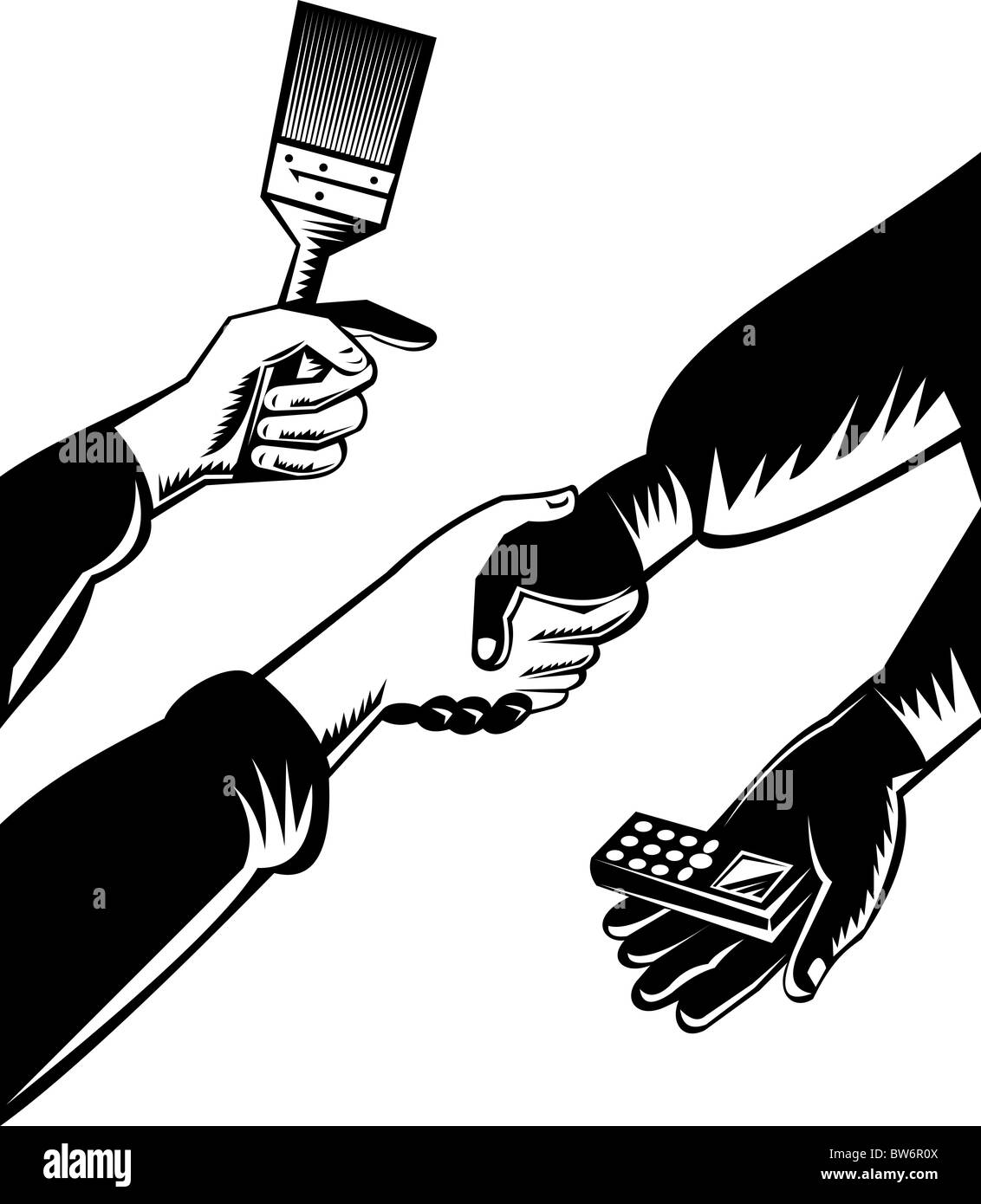 Illustration of a handshake bartering cellphone for paint brush ...
