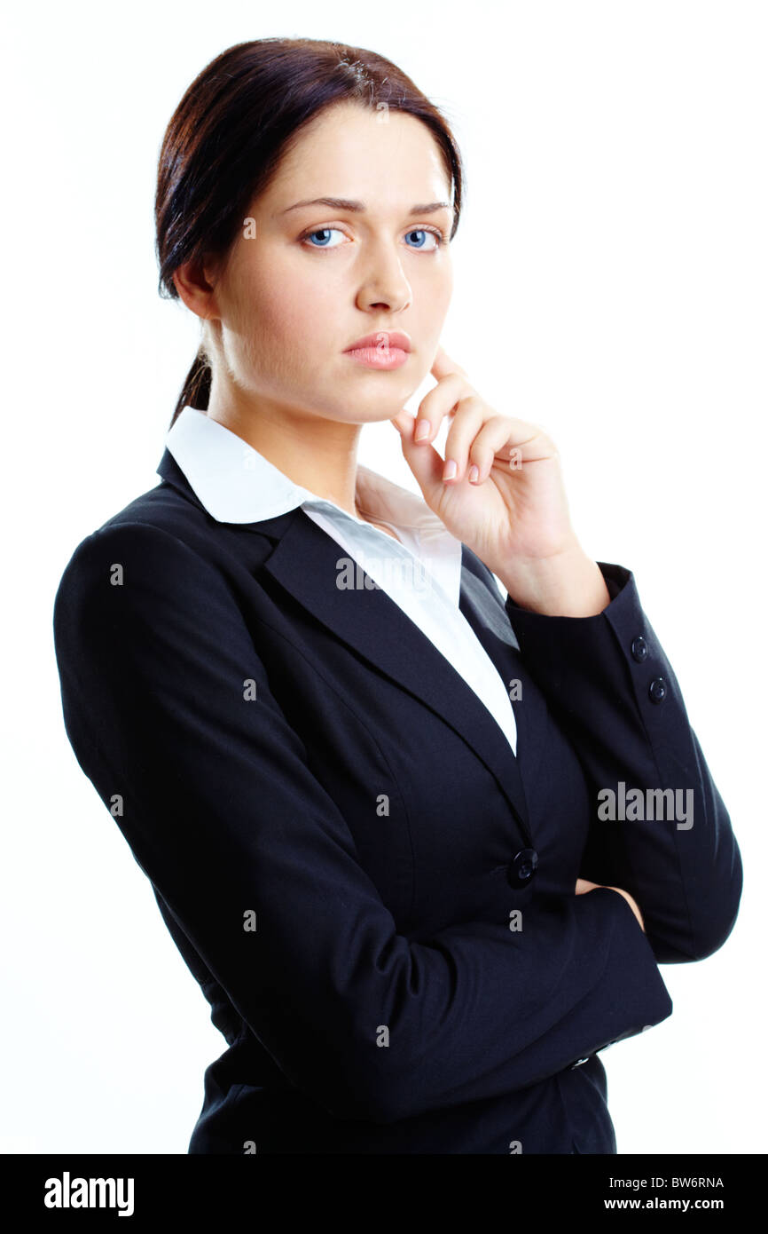 Photo of pretty girl looking at camera over white background Stock ...